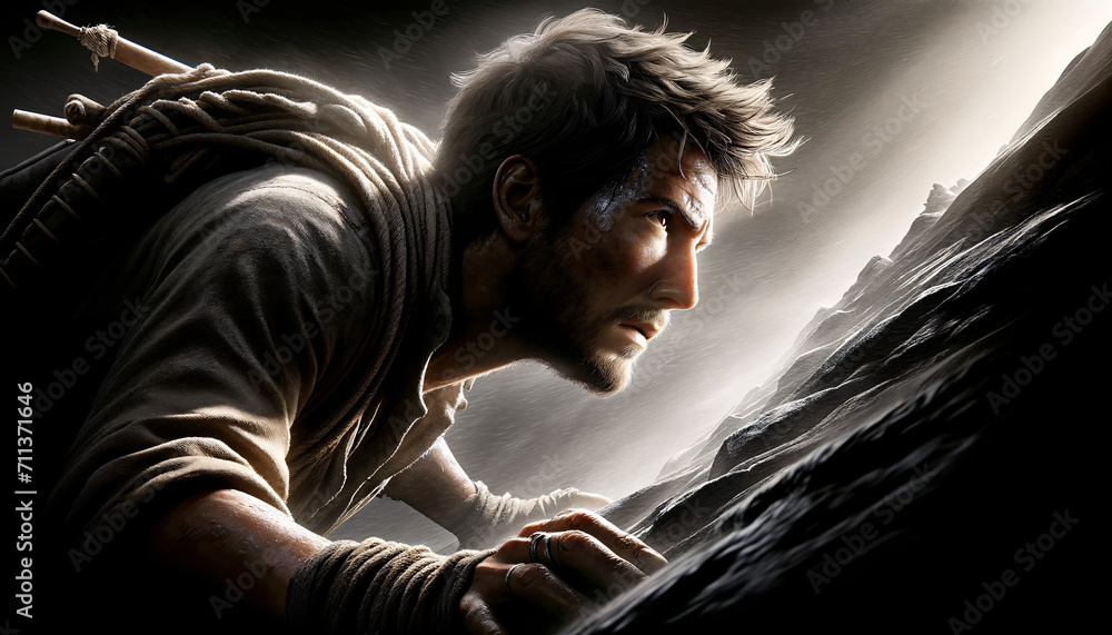 Hombre valiente superando el desafío de la escalada en montaña ...