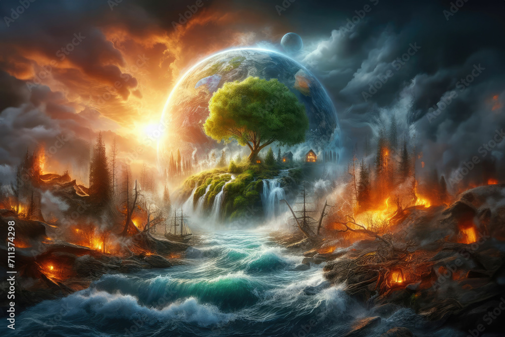 Climate change illustration. Impact on the ecosystem, visualization of ...