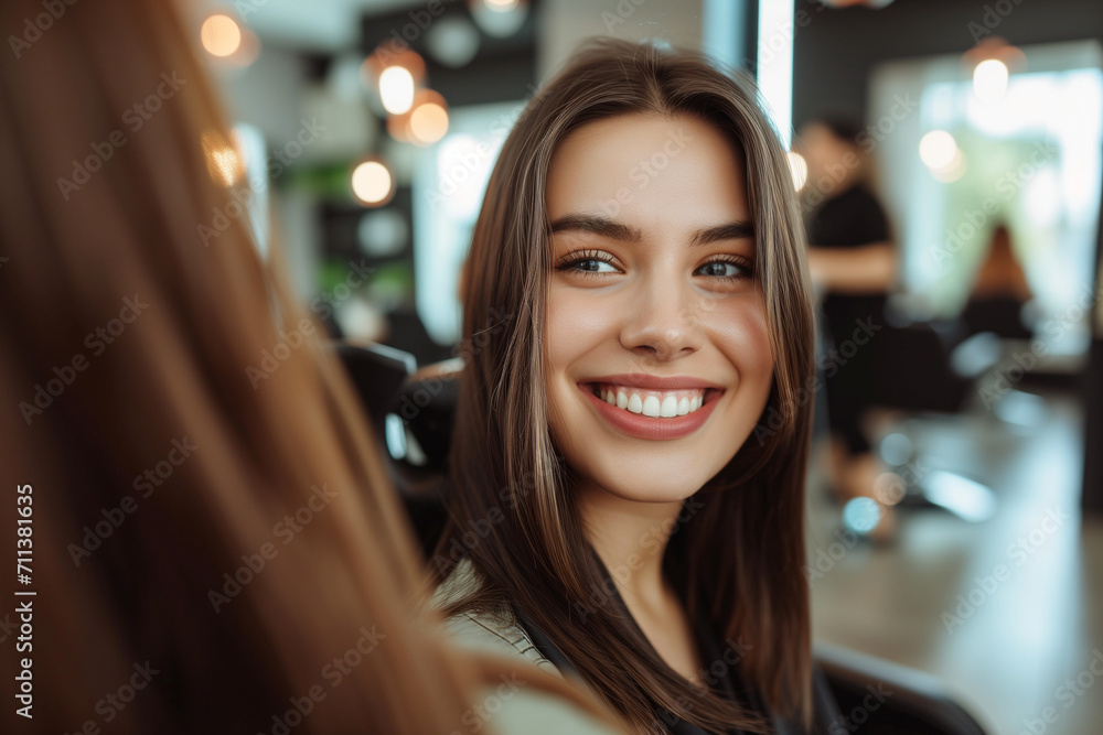 Smiling small beauty salon owner. Beautiful hairstyle of young woman ...