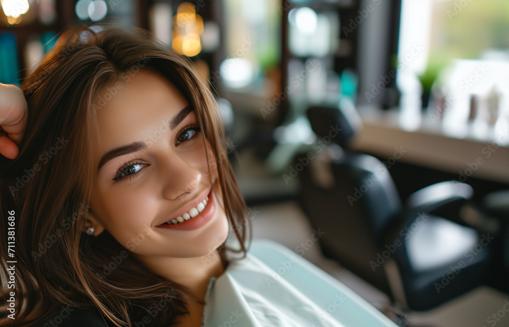 Smiling small beauty salon owner. Beautiful hairstyle of young woman ...