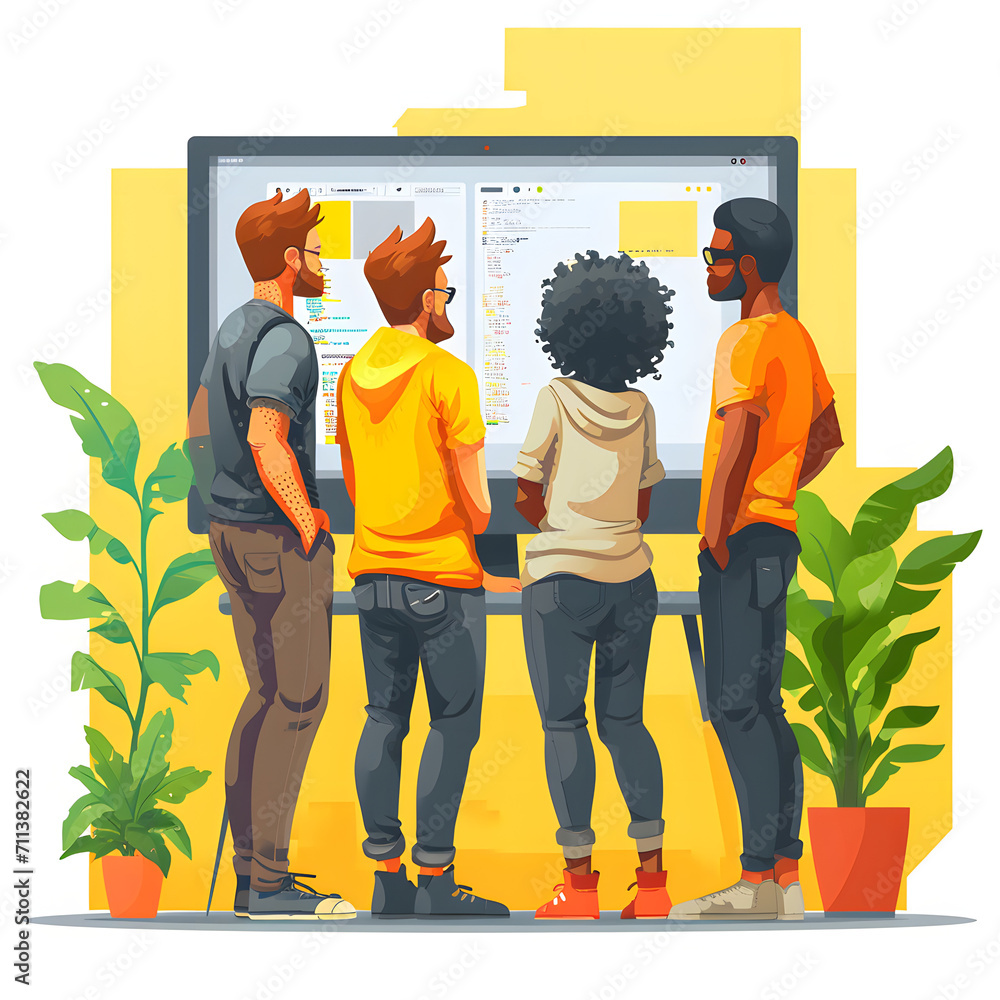 People attending a coding hackathon event isolated on white background ...