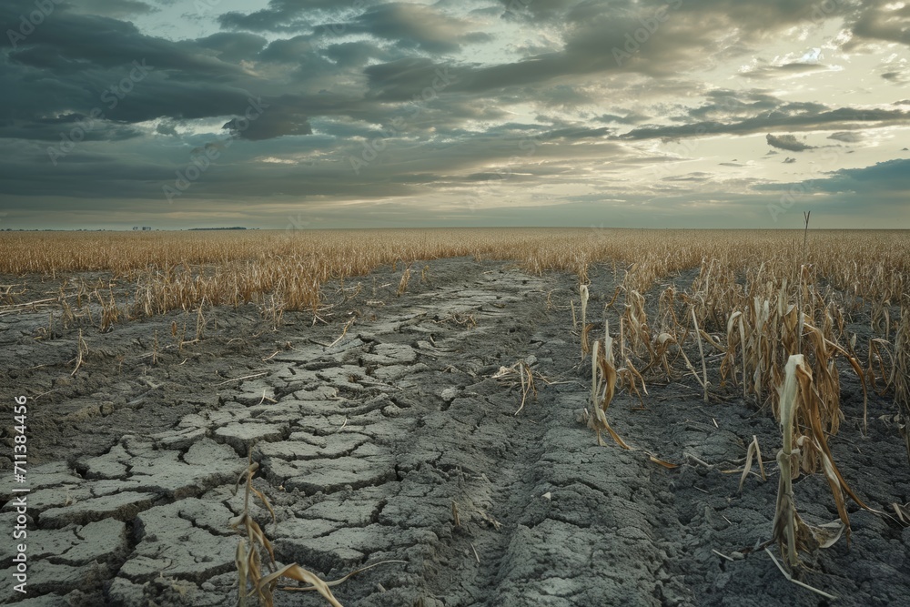 Dry and cracked soil in a corn field. Global warming concept. A desolate landscape with cracked ...
