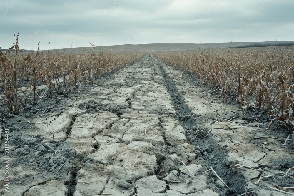 Dry and cracked soil in a corn field. Global warming concept. A desolate landscape with cracked ...