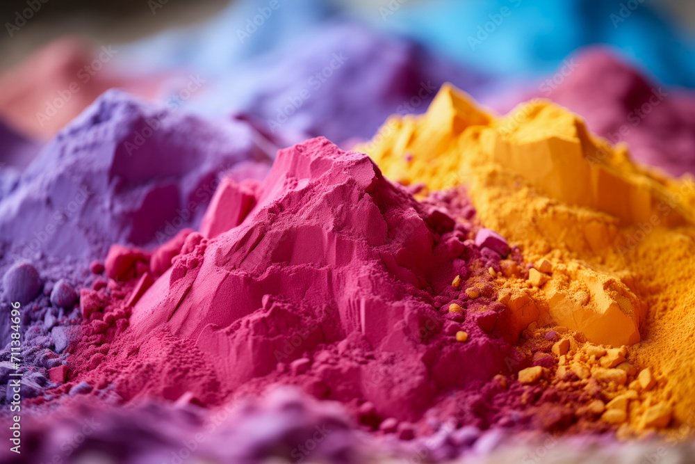 Vibrant mounds of colored powders traditionally used in the Holi ...
