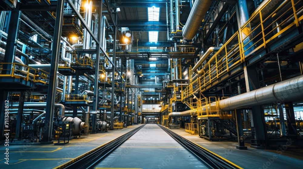 Industrial factory interior with modern machinery, equipment, conveyors ...