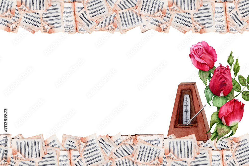 Classical Music greeting card design. Wooden Metronome, Sheet Music ...