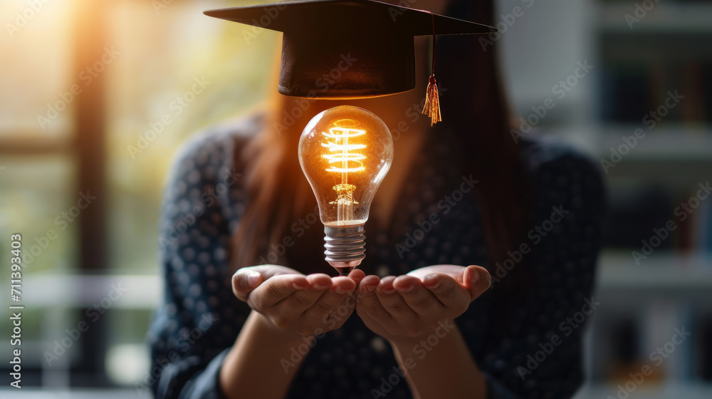 College student girl showing a light bulb for education, E-learning ...