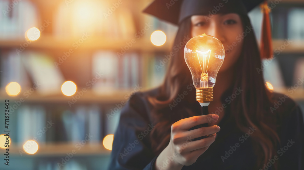 College student girl showing a light bulb for education, E-learning ...