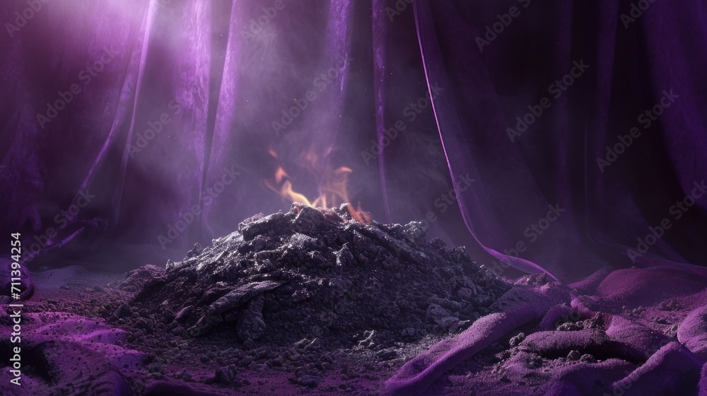 Smoldering Ash Pile with Purple Cloth for Ash Wednesday. Artistic ...