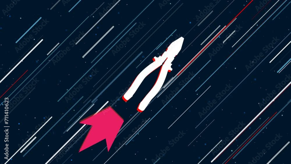 Pliers symbol flies through the universe on a jet propulsion. The ...