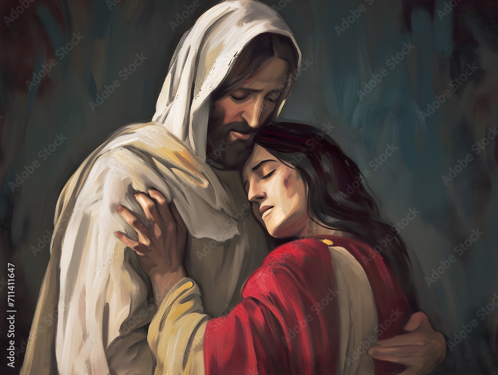 Jesus comforting a woman, oil painting Stock Illustration | Adobe Stock