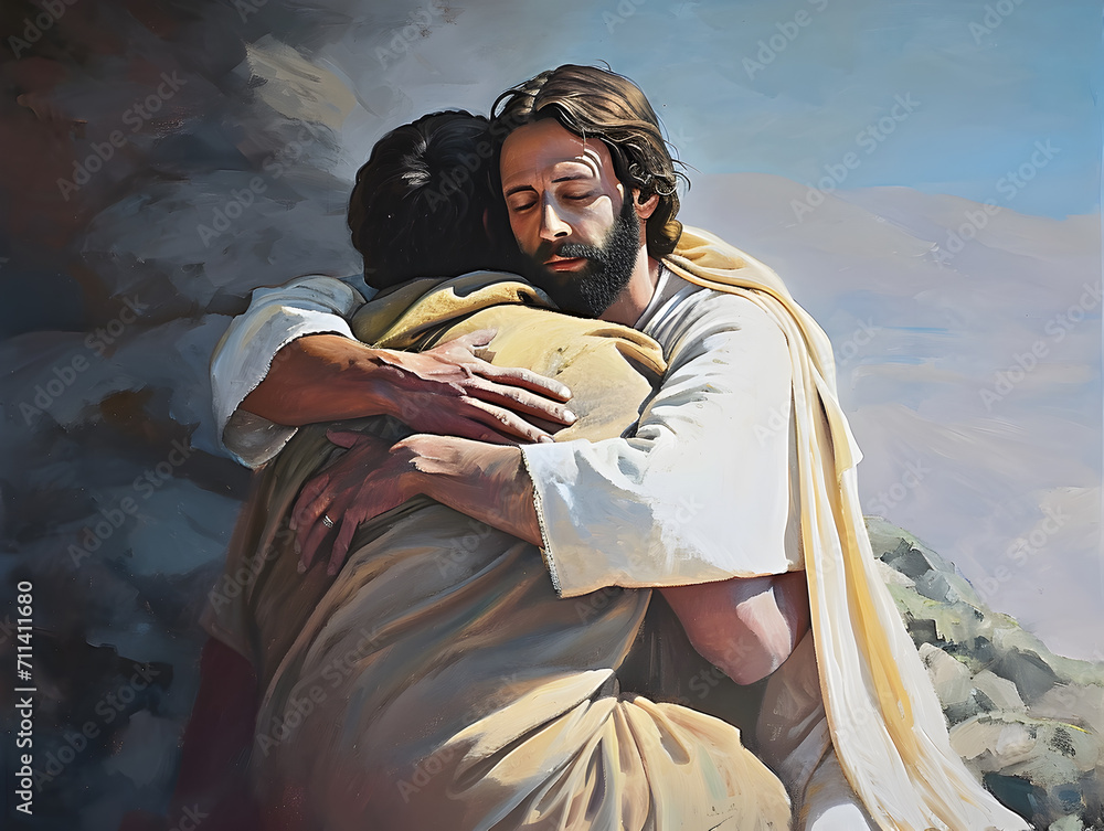 Jesus Christ hugging and comforting a man, oil painting Stock Photo ...