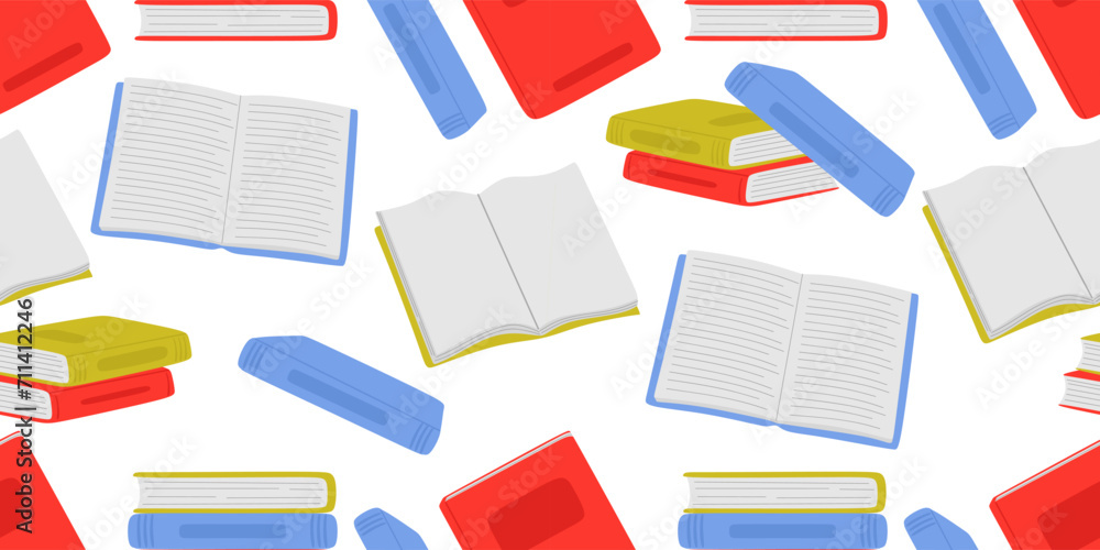 Vector seamless pattern with books in different angles, closed, open ...