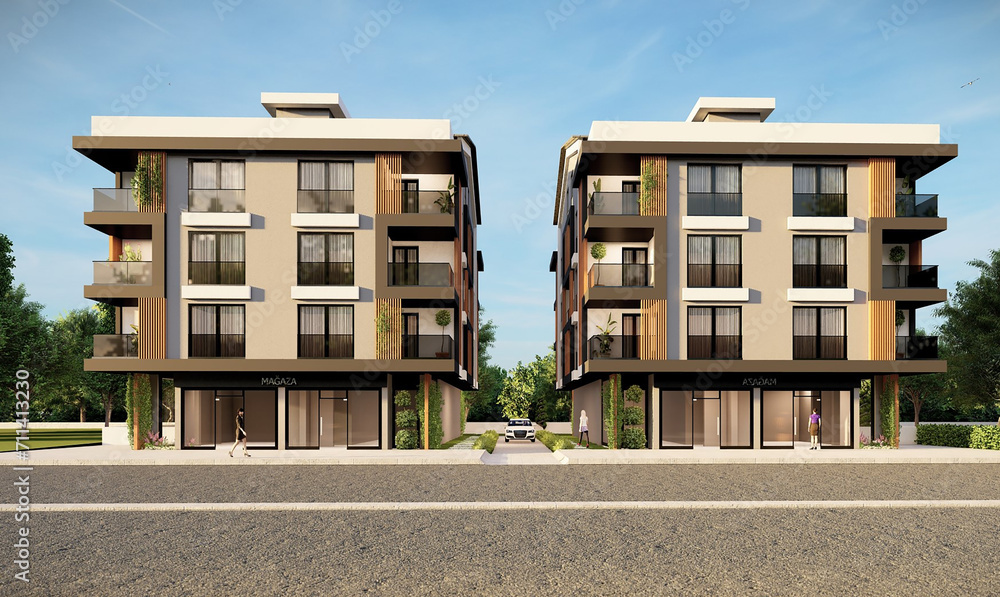 3D Render of 2 Blocks Apartment Building with Wood and Plant Detail in ...