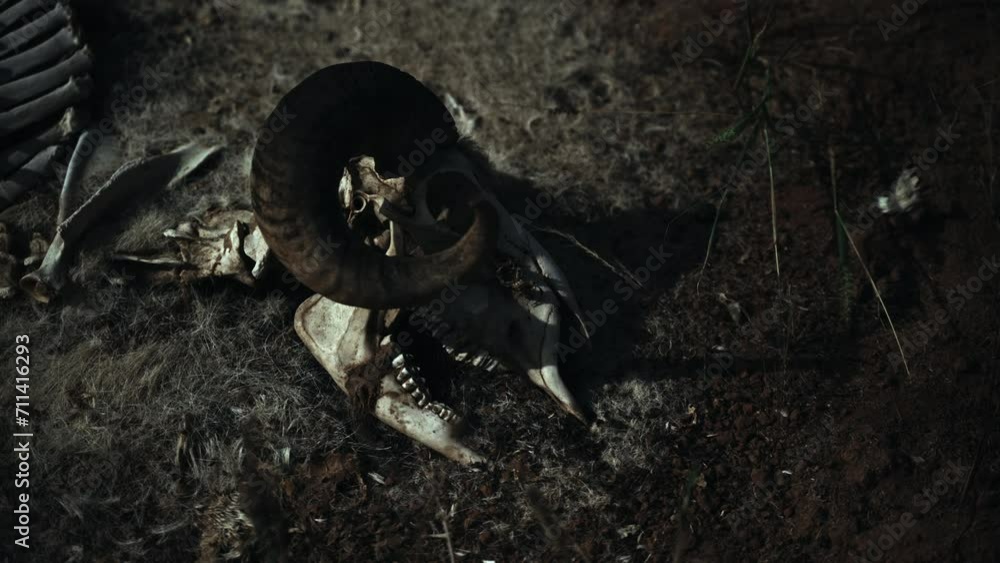 Skull and scattered bones of a dead rotting goat carcass laying on the ...