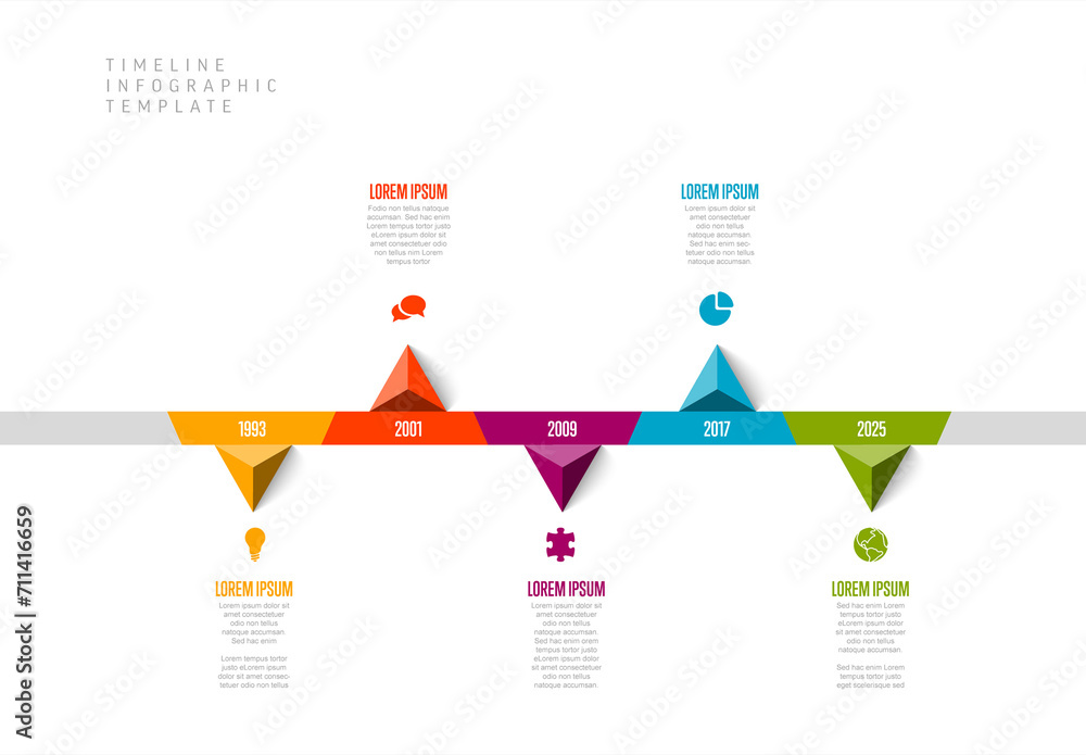 Infographic timeline template with up and down triangle arrows on color ...