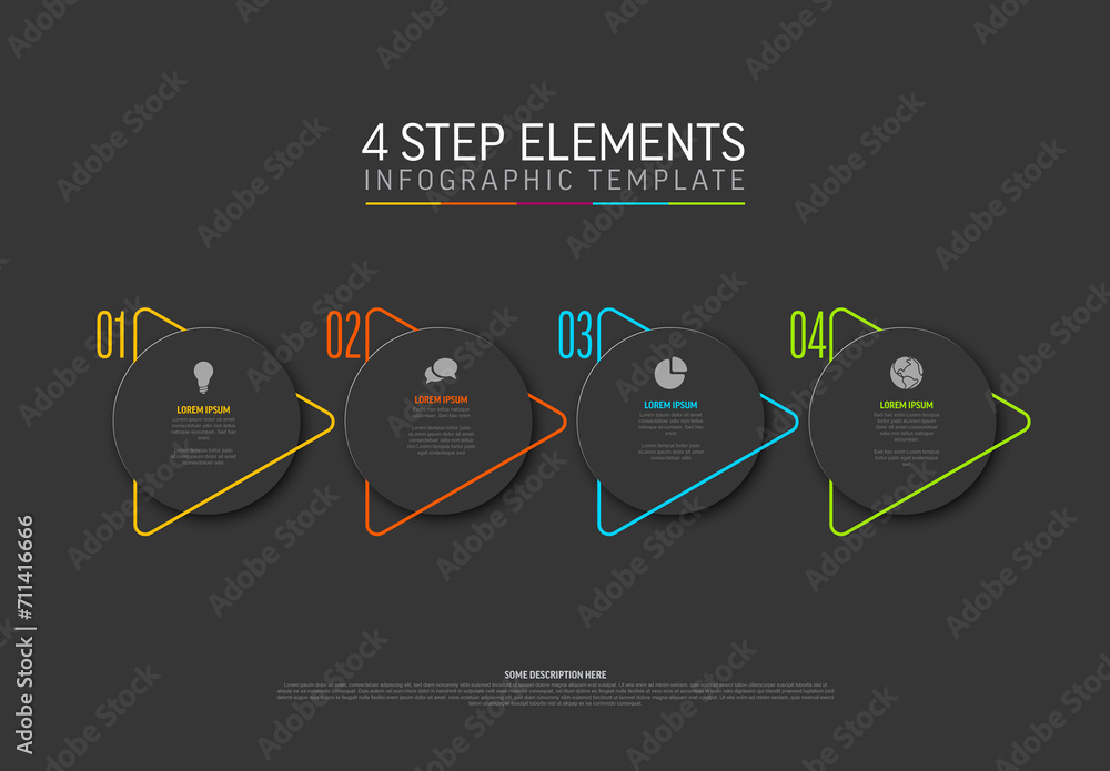 Five dark infographic element steps with icon and thin color triangle ...