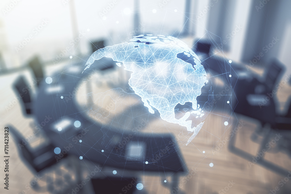 Virtual digital map of North America on a modern conference room ...