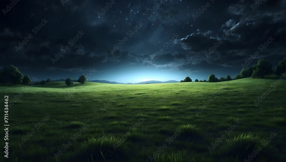 point of view from the ground of a grassy pasture landscape at midnight ...