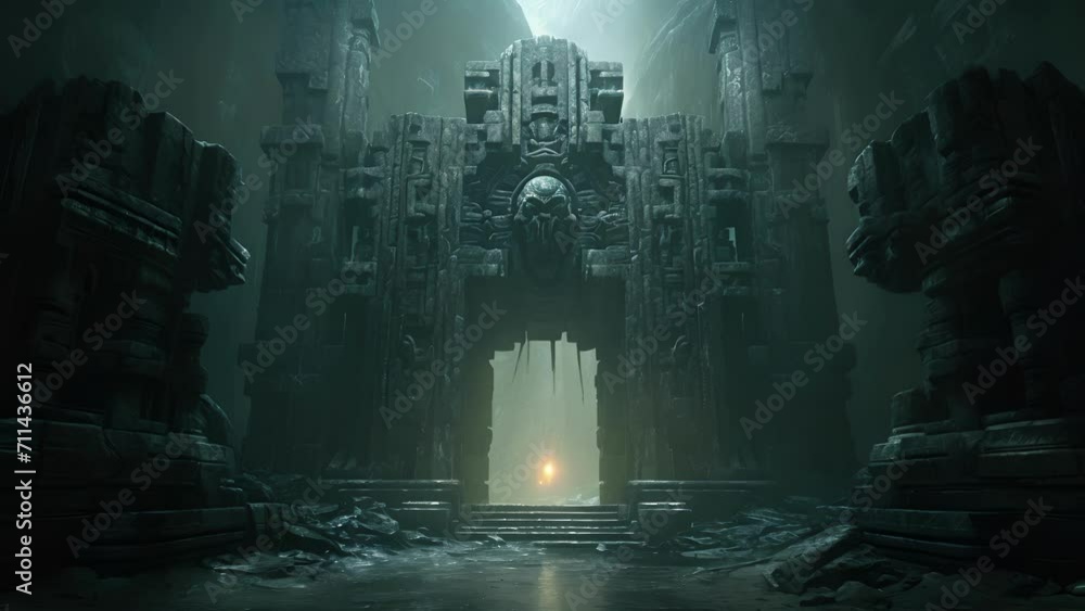 Vidéo Stock An ancient gateway stands marred by strange symbols ...