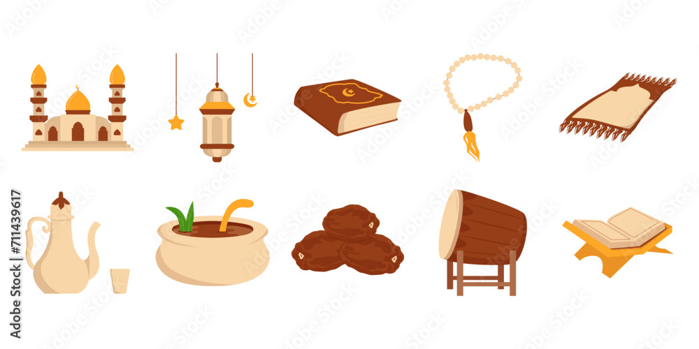 Set of islamic stuff decoration. Isolated mosque, quran, dates, teapot ...