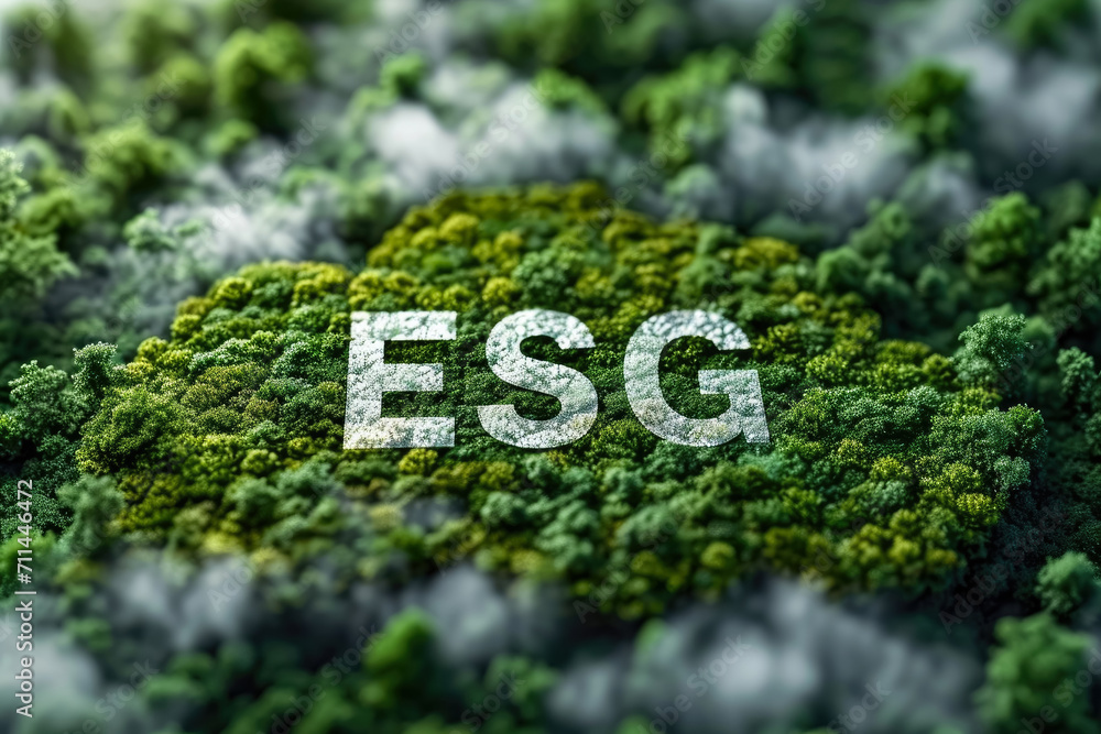 Green natural forest aerial view with ESG cloud icon; ESG environment society and governance ...