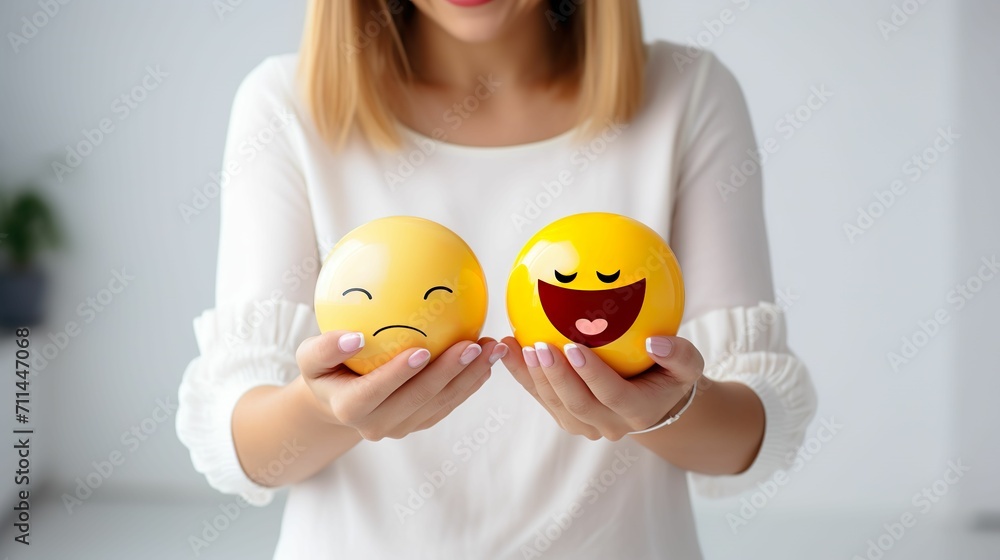 Emotional intelligence concept. Female holding happy and angry emoji ...