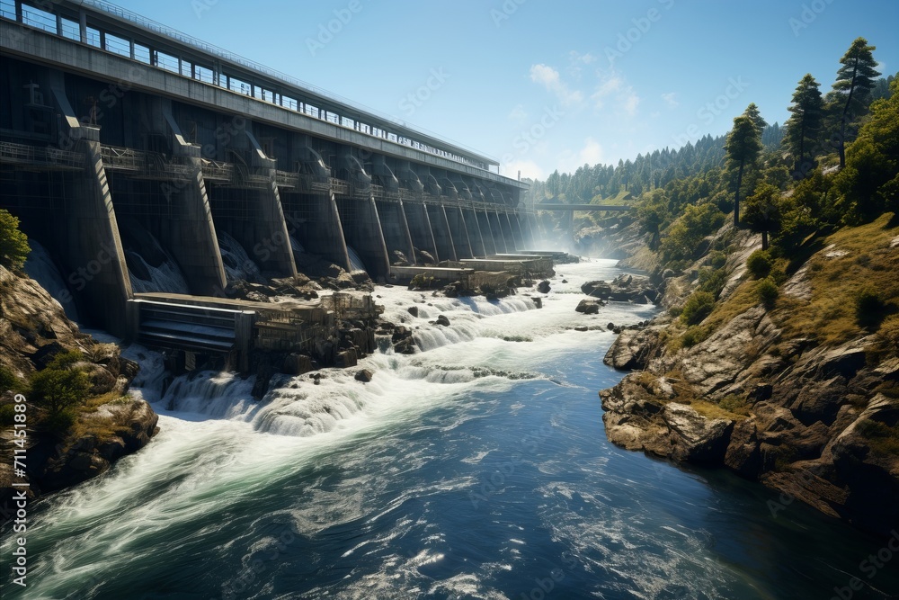 Hydroelectric Power Generation: A dam with rushing water, highlighting ...