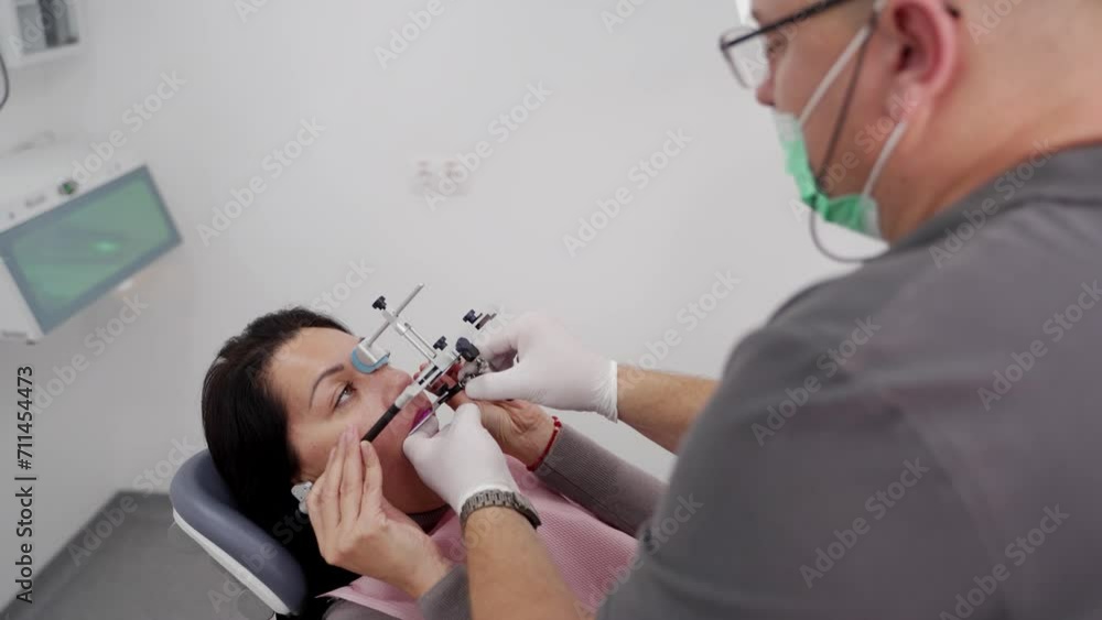 Orthodontist installing dental facebow on woman face in modern dental ...