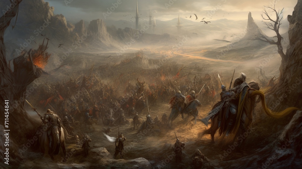 An intricate and grand-scale battle scene showcasing armies, mythical ...