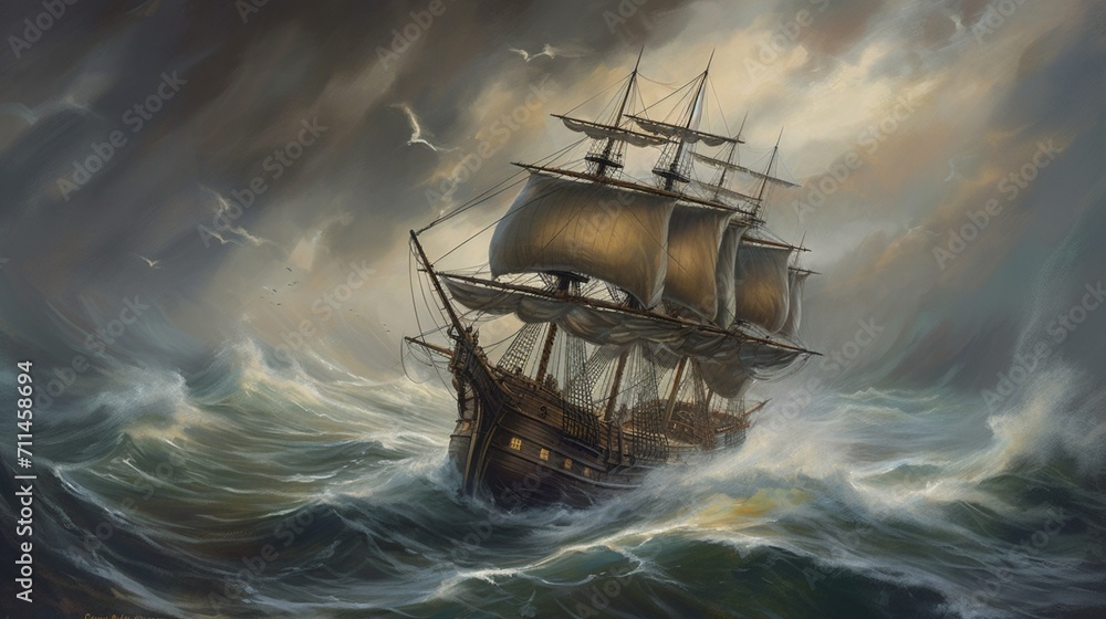 An intricately depicted pirate ship navigating through a raging storm ...