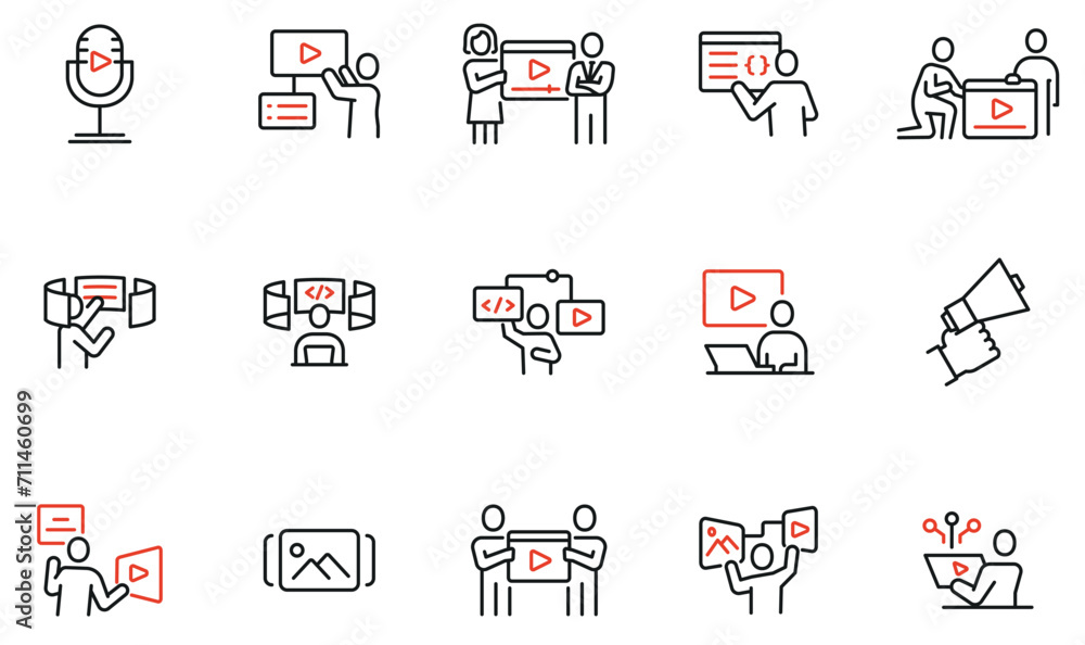 Vector set of linear icons to creation, video content editing, user ...