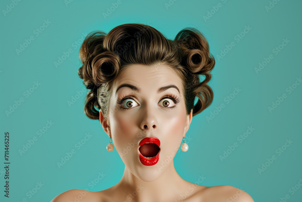 Woman with red lips surprise.Beautiful girl with curly hair surprised ...
