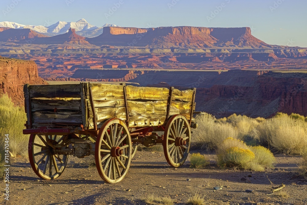 Old west wooden wagon, landscape with canyons and desert, western ...
