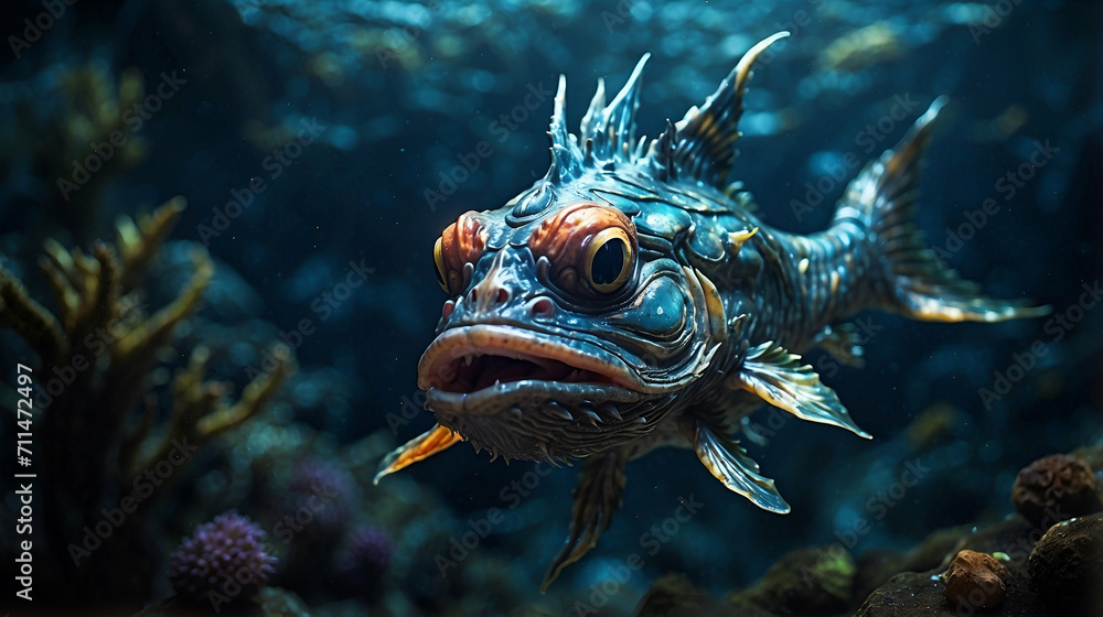 Deep underwater creature, prehistoric creepy monster fish from the deep ...