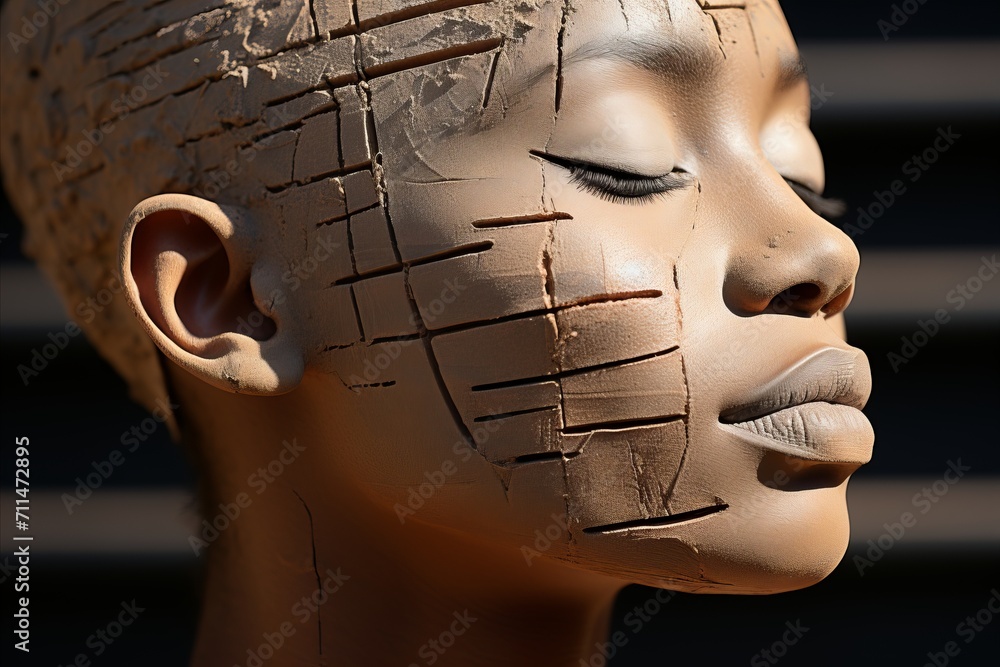 Revived sculpture of a female head made of clay, art therapy concept ...