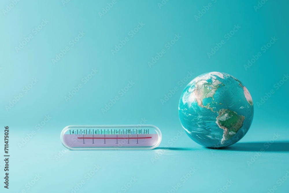 Planet earth and thermometer on blue background, global warming and ...