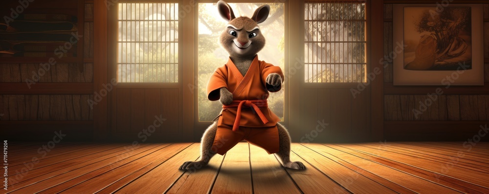 Animated kangaroo in martial arts attire posing in a dojo. Stock Photo ...