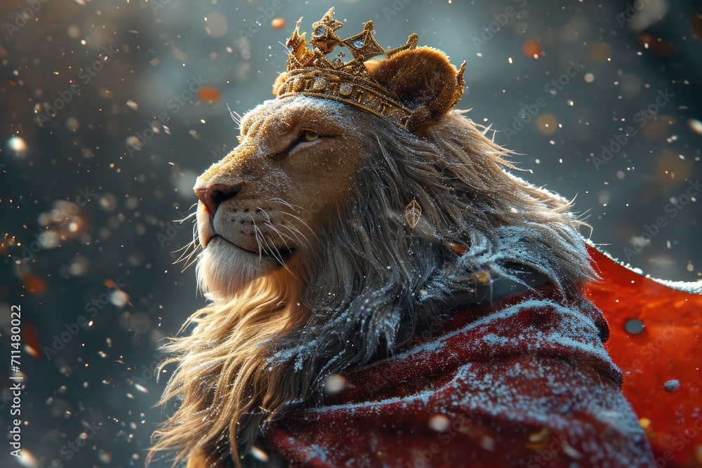 Lion king enthroned on throne with crown and rod of power, majestic ...