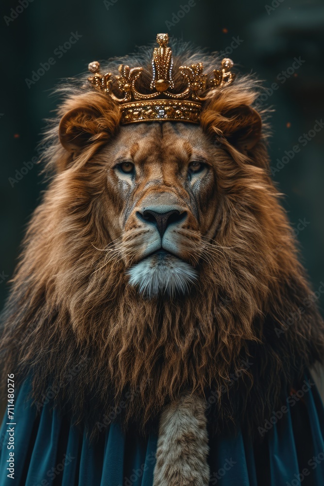 Lion king enthroned on throne with crown and rod of power, majestic ...