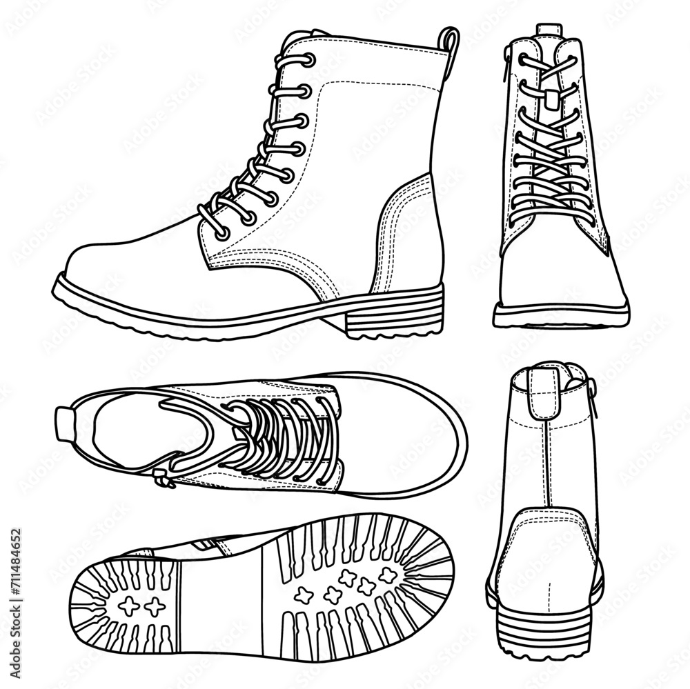 Technical sketch drawing of Women's Lace-Up Combat Boot Line Art ...