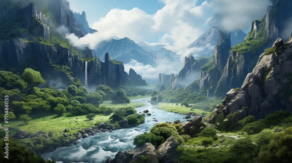 An ultra-realistic depiction of mountainous cliffs and valleys, a ...