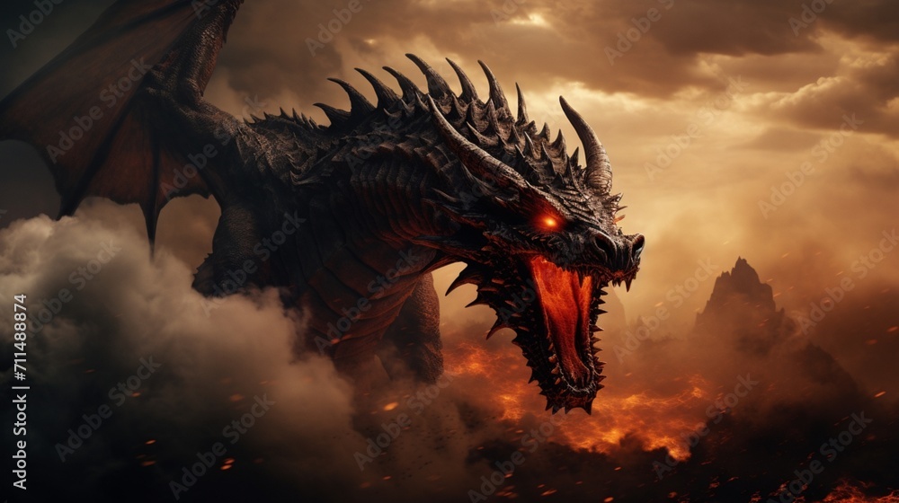 An ultra-realistic scene of a fire dragon breathing flames, silhouetted ...