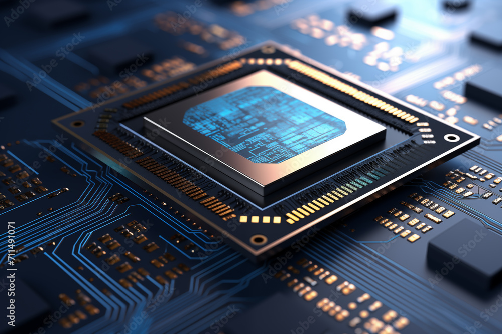 On background of computer motherboard is chip representing CPU ...