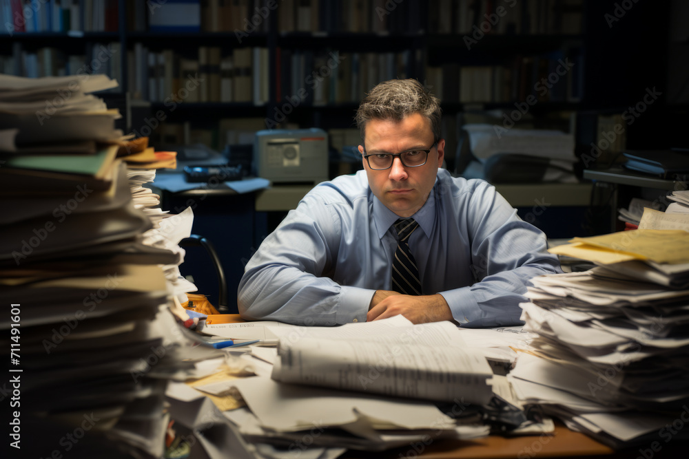 A dedicated public defender, deep in thought at his cluttered desk ...