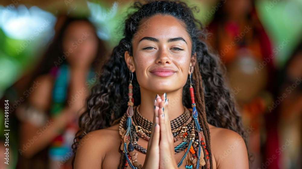 A woman of Maori descent performing a traditional haka dance ...