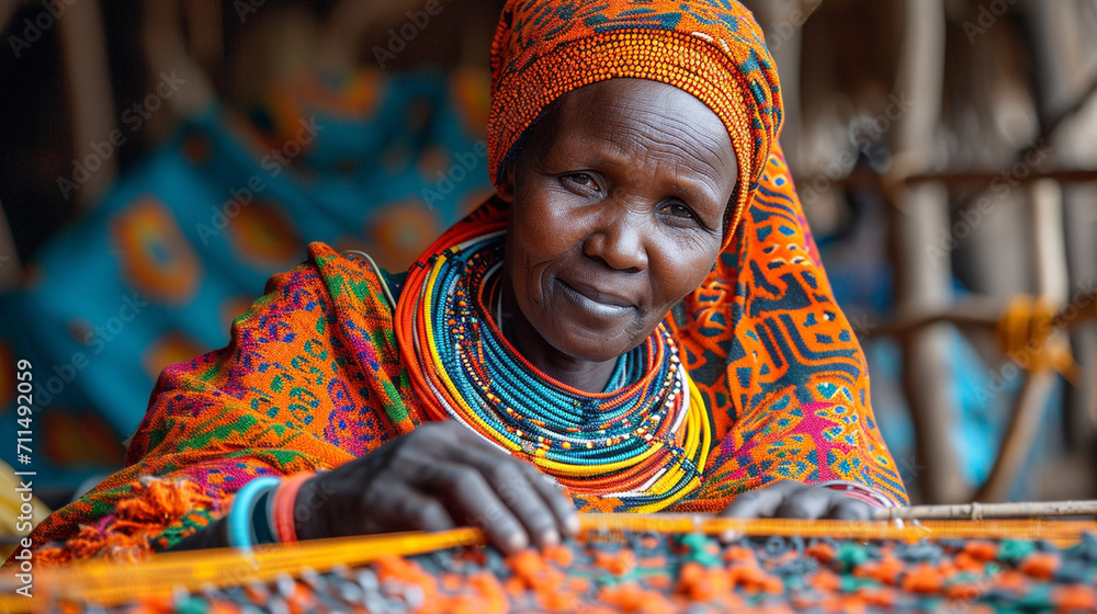An East African woman wearing a brightly colored kanga, engaged in ...