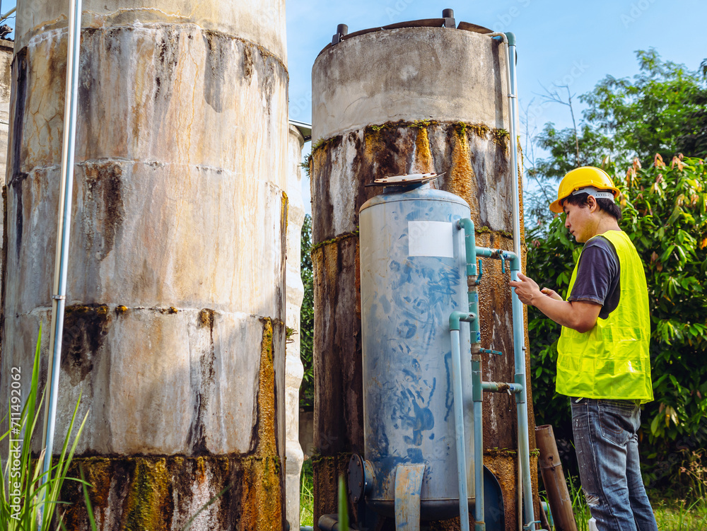 Asian man engineer controlling the quality of water places operating ...
