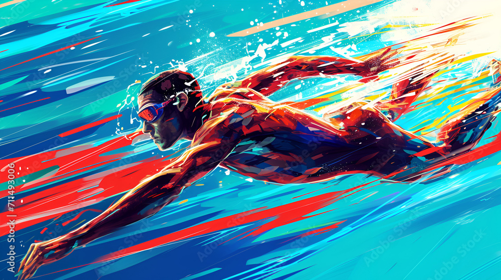 Swimmer, water athlete, with a focus on a dynamic stride, energy and ...