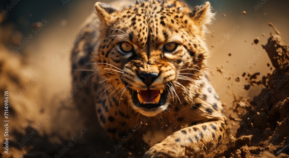 Graceful and powerful, a wild cheetah races through the dusty terrain ...
